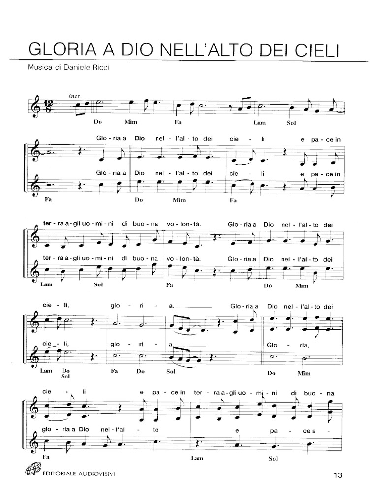Gloria A Dio Nellalto Dei Cieli (Ricci-Venne Nel Mondo) PDF | PDF