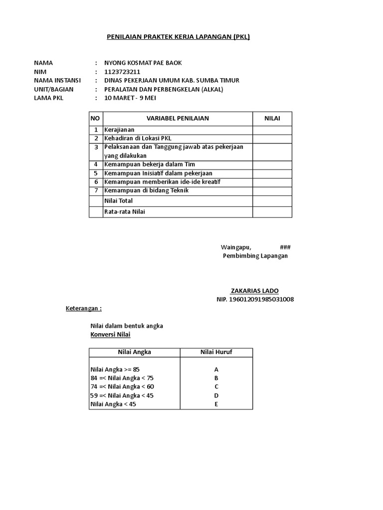 Daftar Nilai PKL | PDF