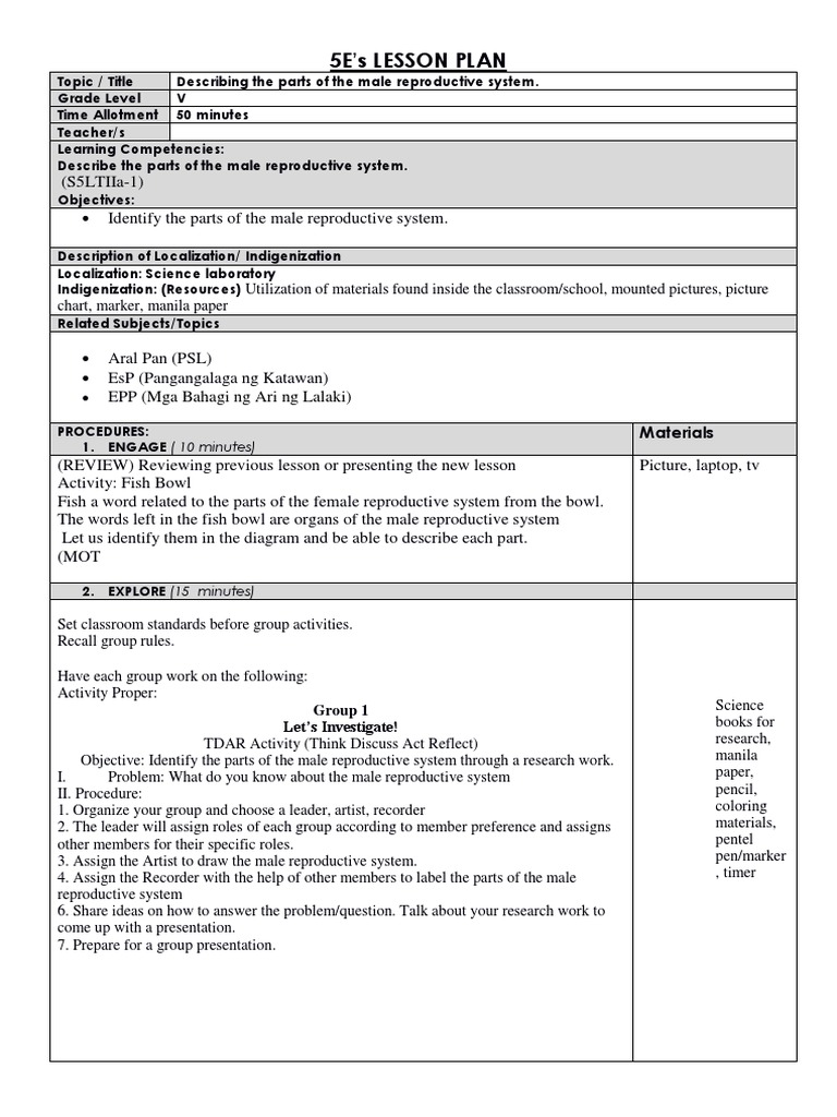 Science 5 Q 2 Week 1 Day 1 1 | PDF | Lesson Plan | Reproductive System
