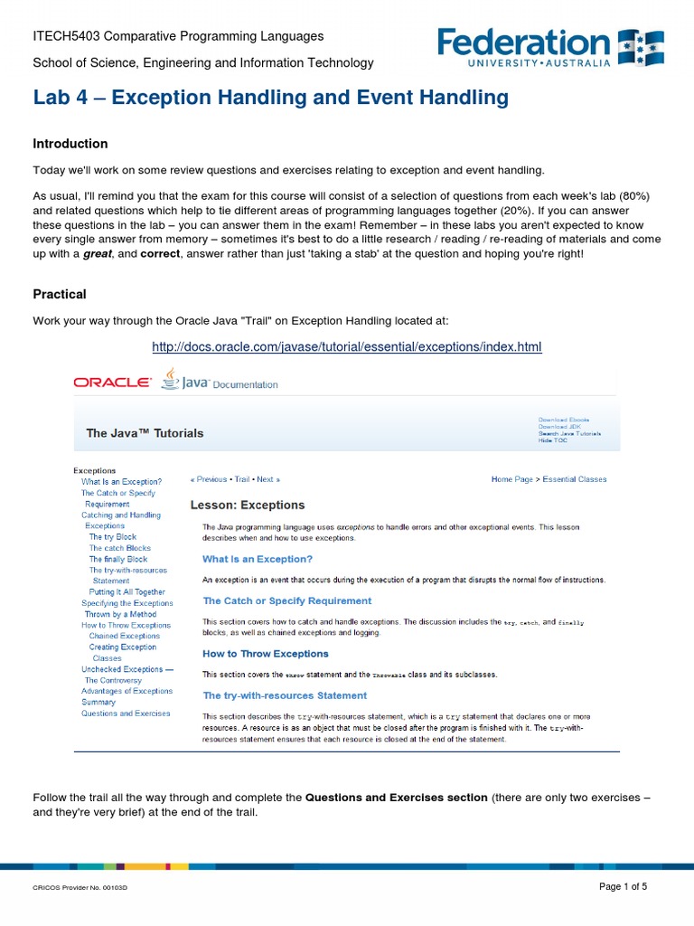 Lab 04 - Exception Handling and Event Handling (Answers) PDF | PDF | Programming Language ...