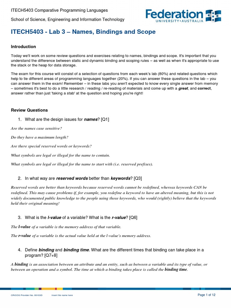 Lab 03 - Names, Bindings and Scopes (Answers) PDF | Download Free PDF | Variable (Computer ...