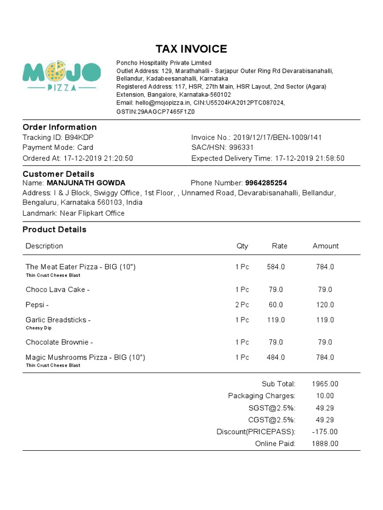 Pizza Bill | PDF | Invoice | Business