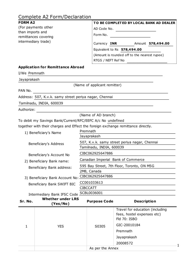 A2 Form for Foreign Remittance Application | PDF | Remittance | Foreign ...
