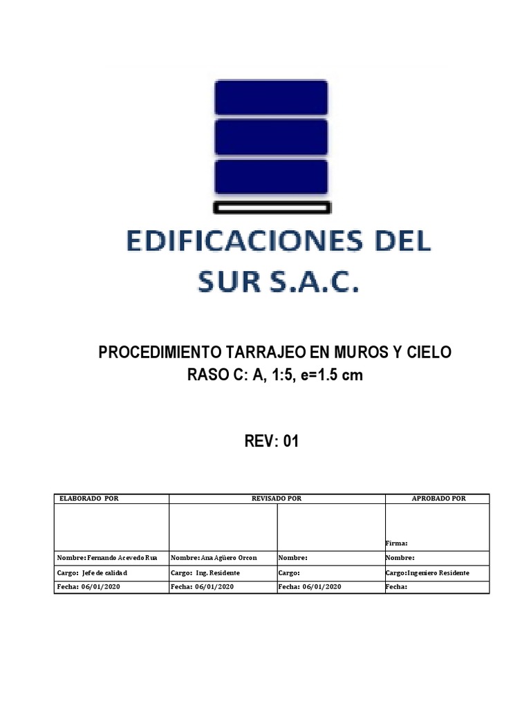 EDS-PT-021 - PROCEDIMIENTOS DE TRABAJO TARRAJEO EN MUROS Y CIELO RASO ... EDS-PT-021 - PROCEDIMIENTOS DE TRABAJO TARRAJEO EN MUROS Y CIELO RASO ...