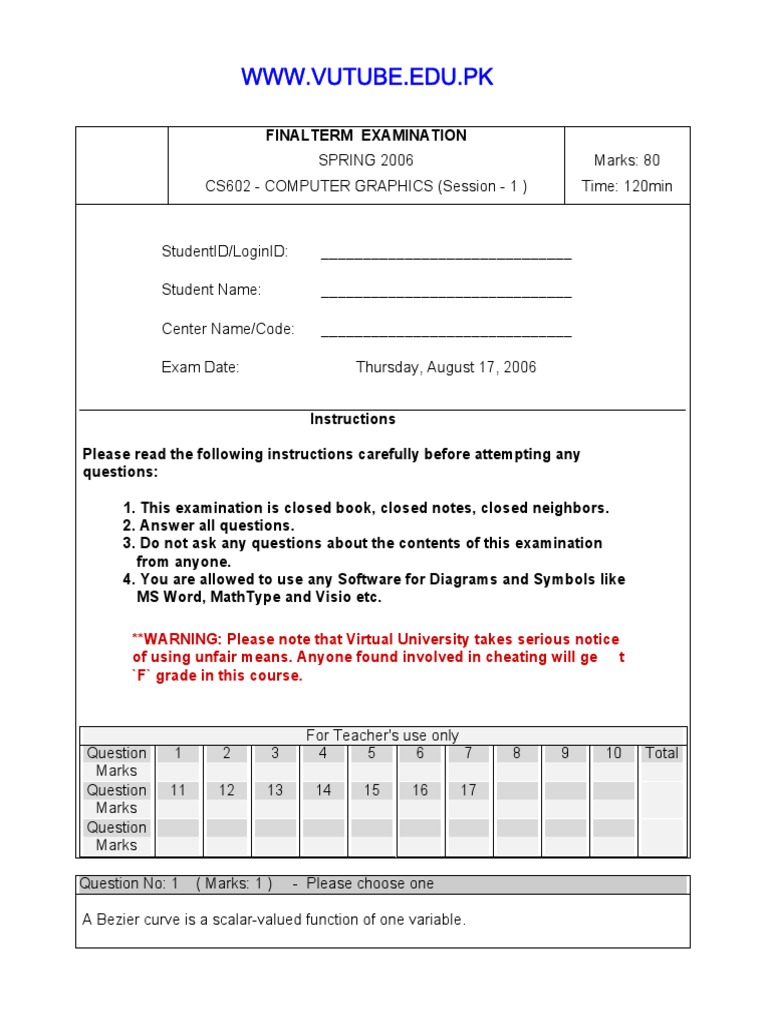 Computer Graphics - CS602 Spring 2006 Final Term Paper PDF | PDF ...