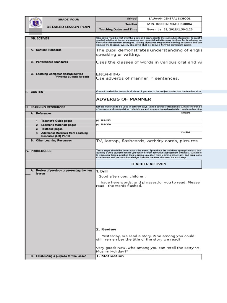 Grade 4 Lesson Plan on Adverbs of Manner | PDF | Teachers | Curriculum