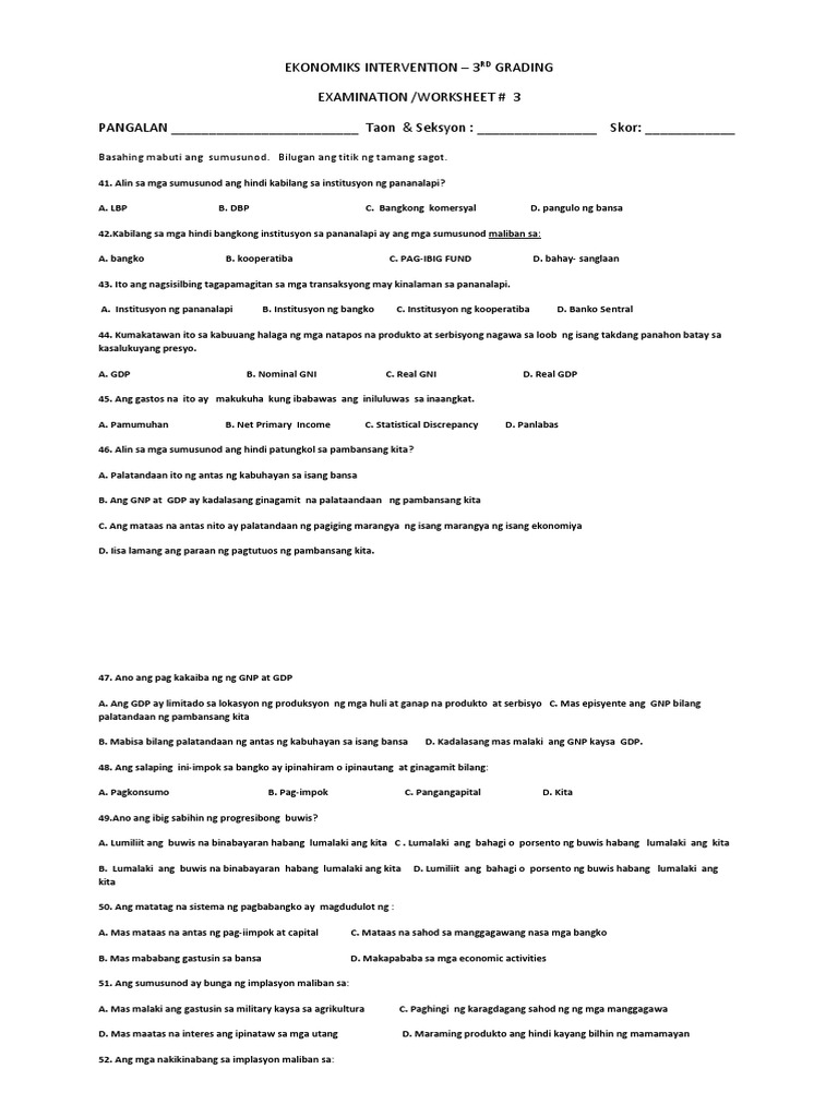 Ekonomiks Intervention Worksheet 3 | PDF