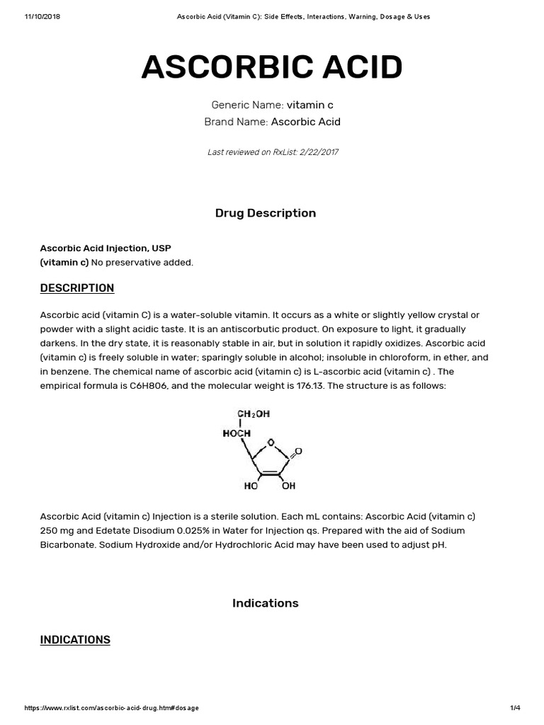 Ascorbic Acid (Vitamin C) - Side Effects, Interactions, Warning, Dosage ...