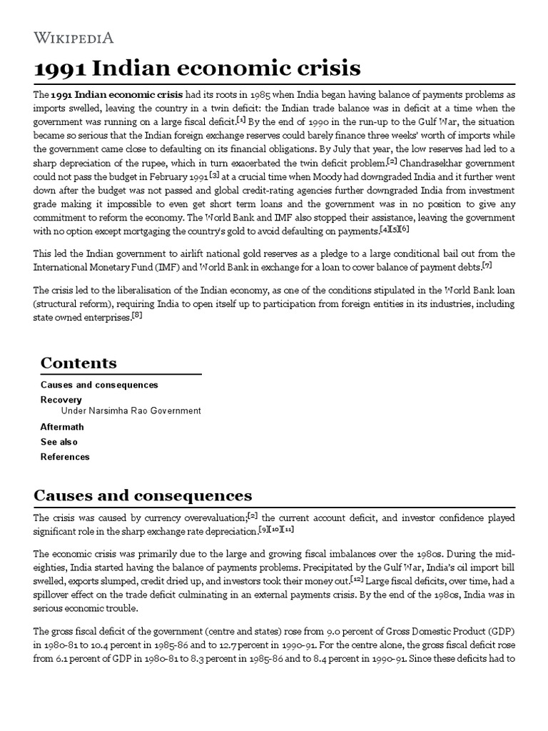 1991 Indian Economic Crisis - Wikipedia | PDF | Macroeconomics | Economies