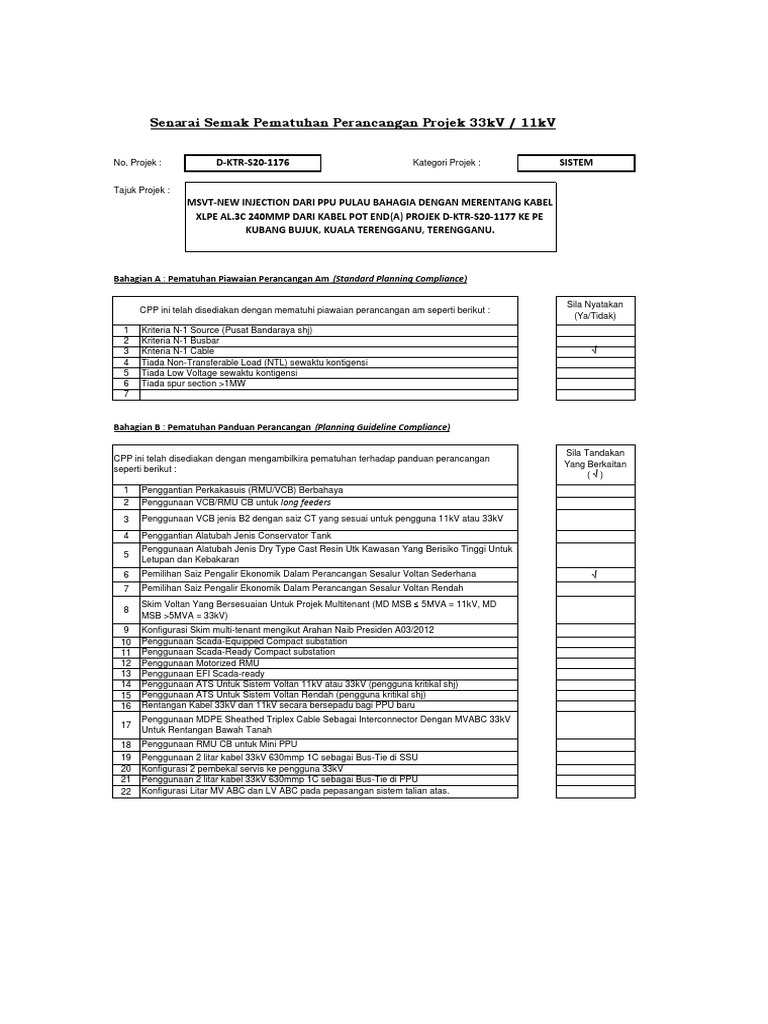 Checklist Pematuhan CPP 11kV | PDF