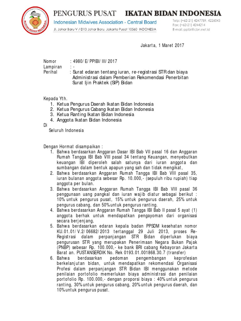 Surat Edaran IBI Tentang Iuran, Re-Registrasi STR dan Biaya ...