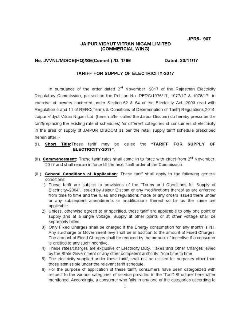 JVVNL Tariff Rate 2017 | PDF | Capacitor | Rectifier