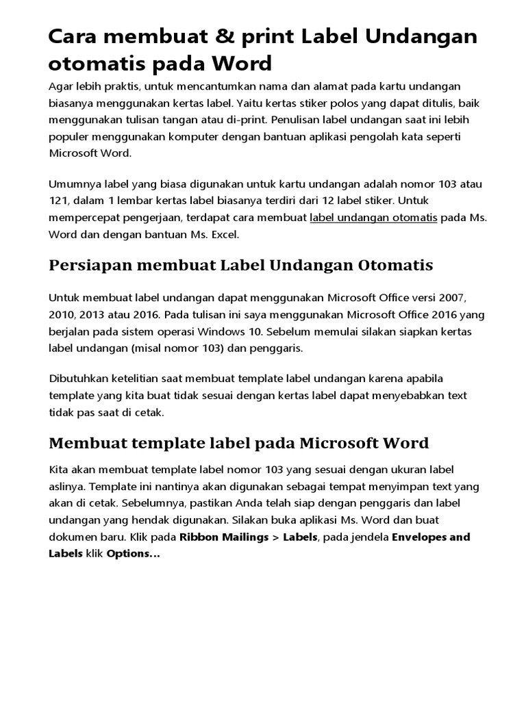 Cara Membuat & Print Label Undangan Otomatis Pada Word | PDF