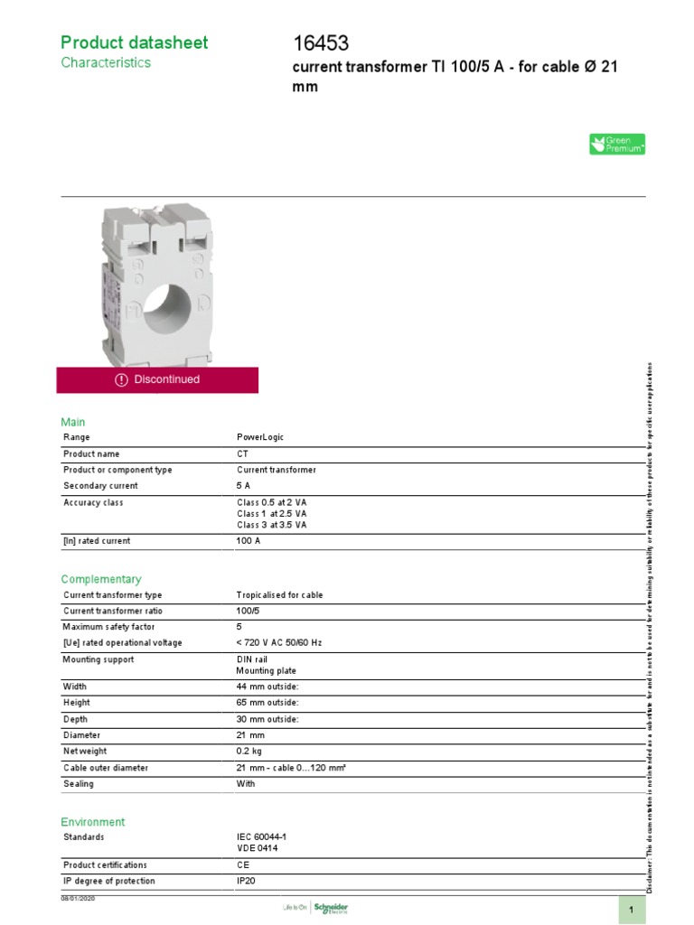 PowerLogic CT 100/5A Datasheet | PDF | Transformer | Electrical Engineering