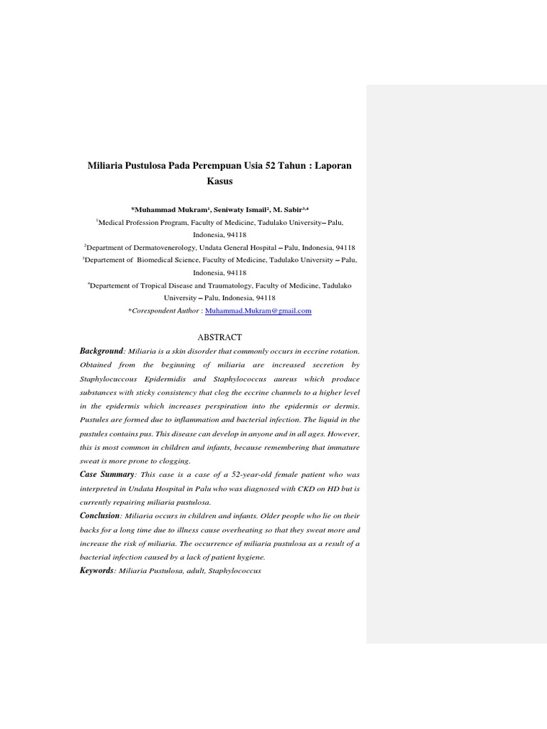 Miliaria Pustulosa in 52-Year-Old Female | PDF | Medical Specialties | Medicine