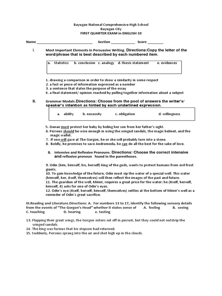 1st Quarter Exam Grade 10 | PDF