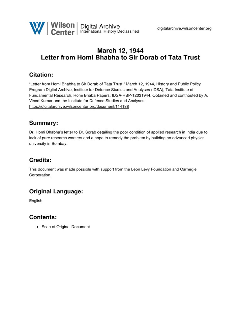 Bhabha Letter To Tata | PDF | History | Religion & Spirituality