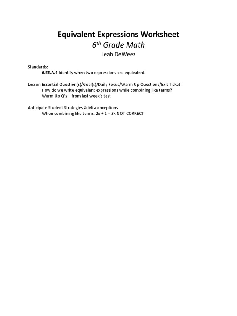 Equivalent Expressions Worksheet | PDF