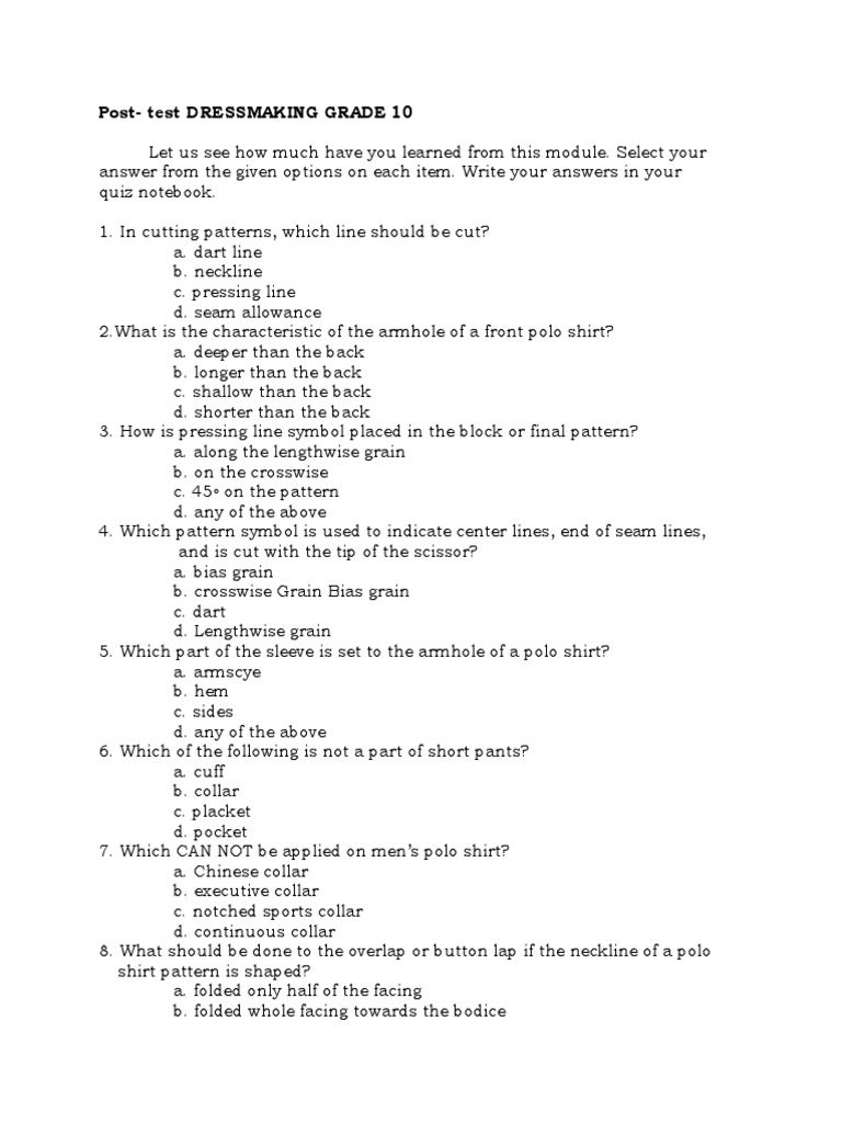 Grade 10 Dressmaking Post-Test | PDF | Waist | Seam (Sewing)