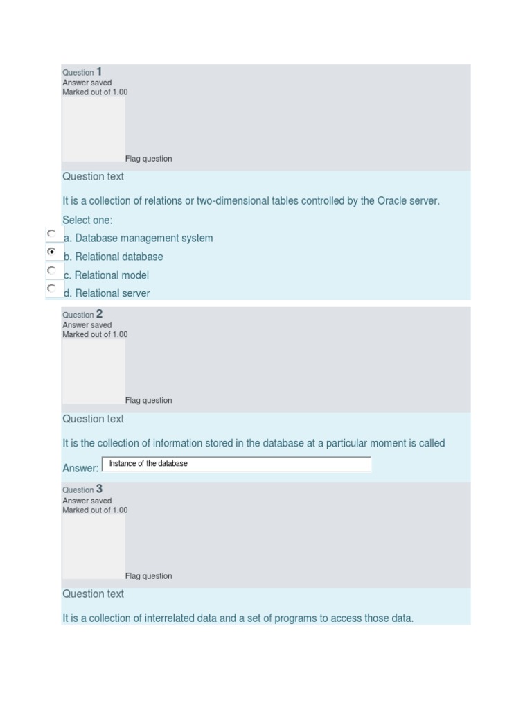 CS350 - DATABASE MANAGEMENT SYSTEM 1 - Quiz 1 | PDF | Relational ...