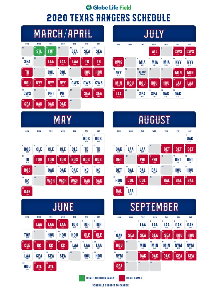 2020 Texas Rangers Game Times | PDF