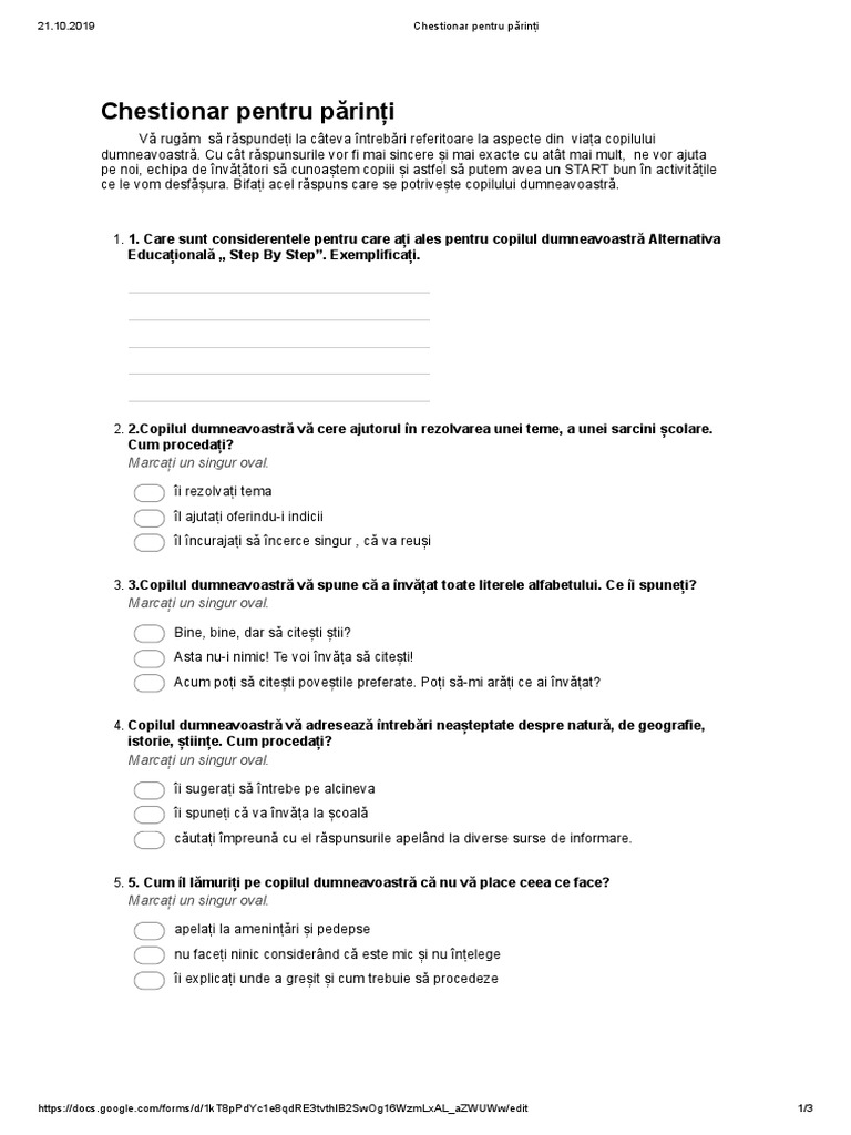 Chestionar Pentru Părinti - Formulare Google | PDF