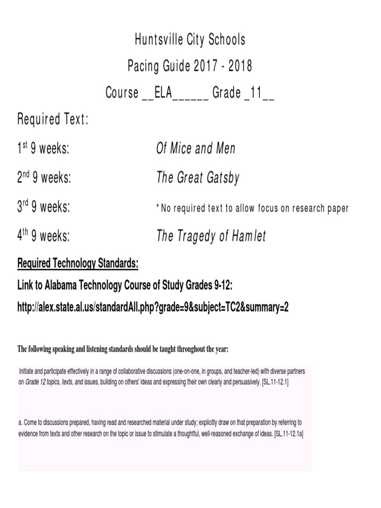 2017 - 2018 Eleventh Grade ELA Pacing Guide | PDF | The Great Gatsby ...