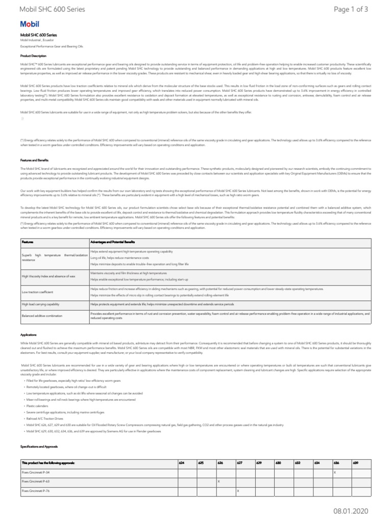 PDS Mobil SHC 600 Series | PDF | Motor Oil | Lubricant