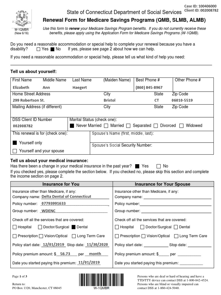 W-1QMBR Medicare Savings Redetermination Form PDF | PDF | Supplemental ...