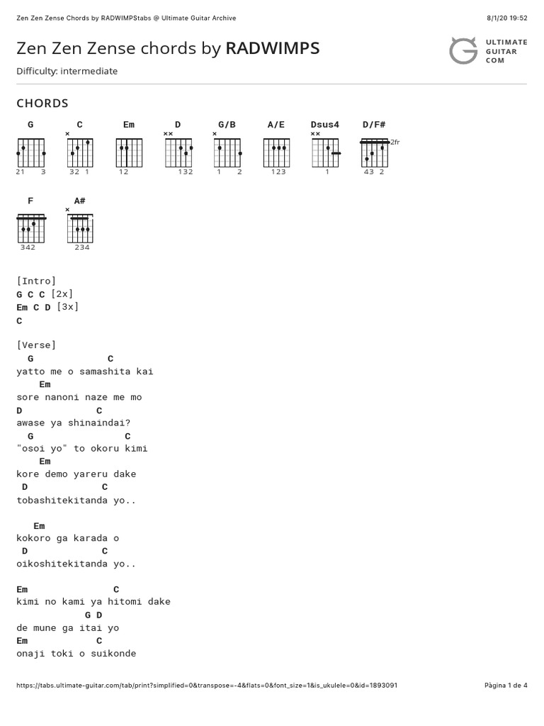 Zen Zen Zense Chords by RADWIMPStabs at Ultimate Guitar Archive | PDF