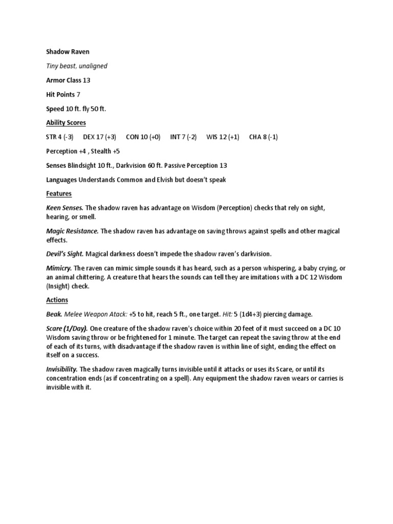 Shadow Raven Stat Block 5E | PDF | Law | Self-Improvement