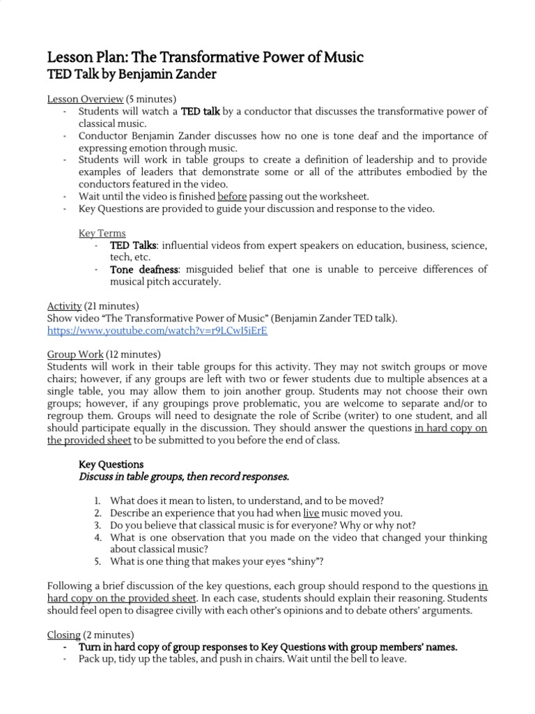 Benjamin Zander TED Talk Lesson Plan | PDF | Neuropsychological ...