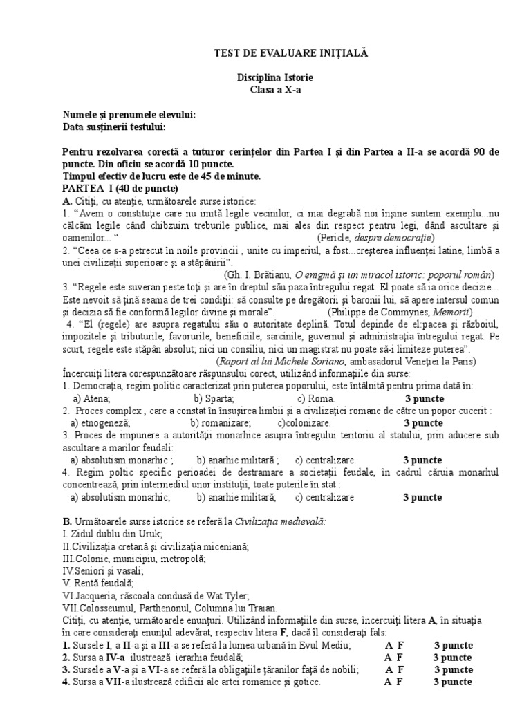Test Evaluare Initiala Clasa X | PDF