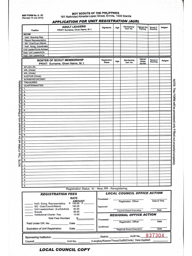 Application For Unit Reg BSP Form No. 6 - 0123 | PDF