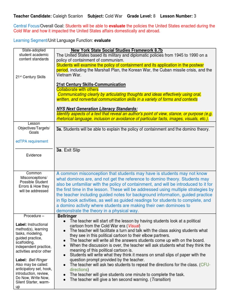 Grade 8 Cold War Lesson Plan | PDF | Vocabulary | Applied Psychology