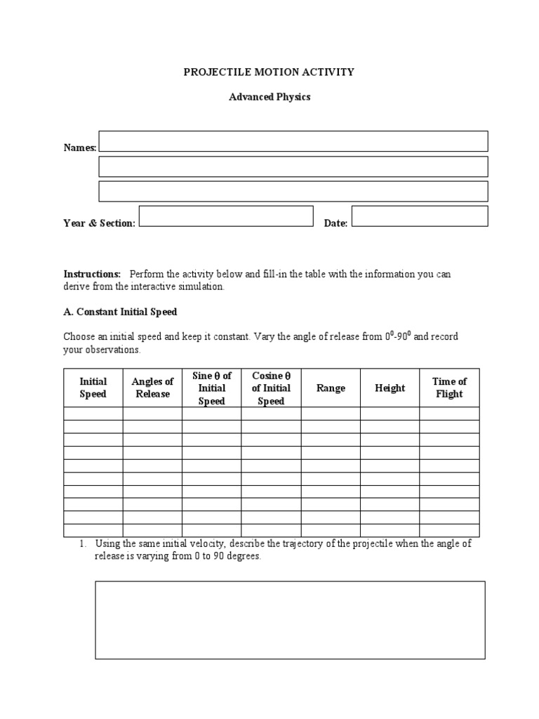 Projectile Motion Activity | PDF | Physics | Trajectory