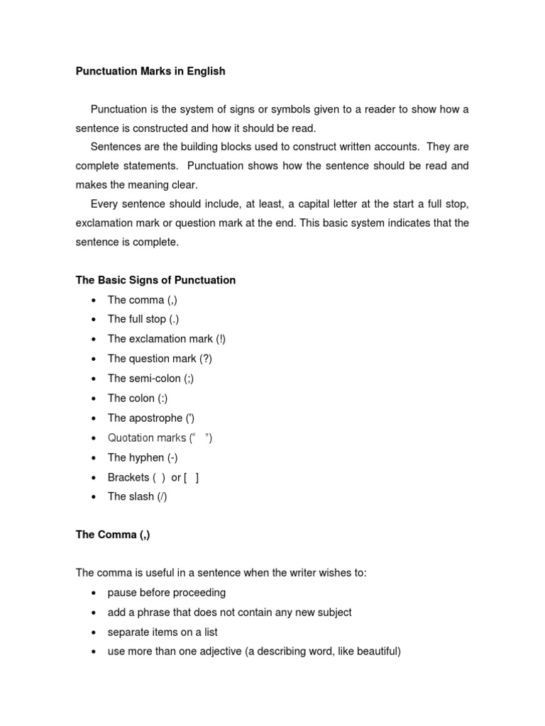 Punctuation Marks in English | PDF | Punctuation | Comma