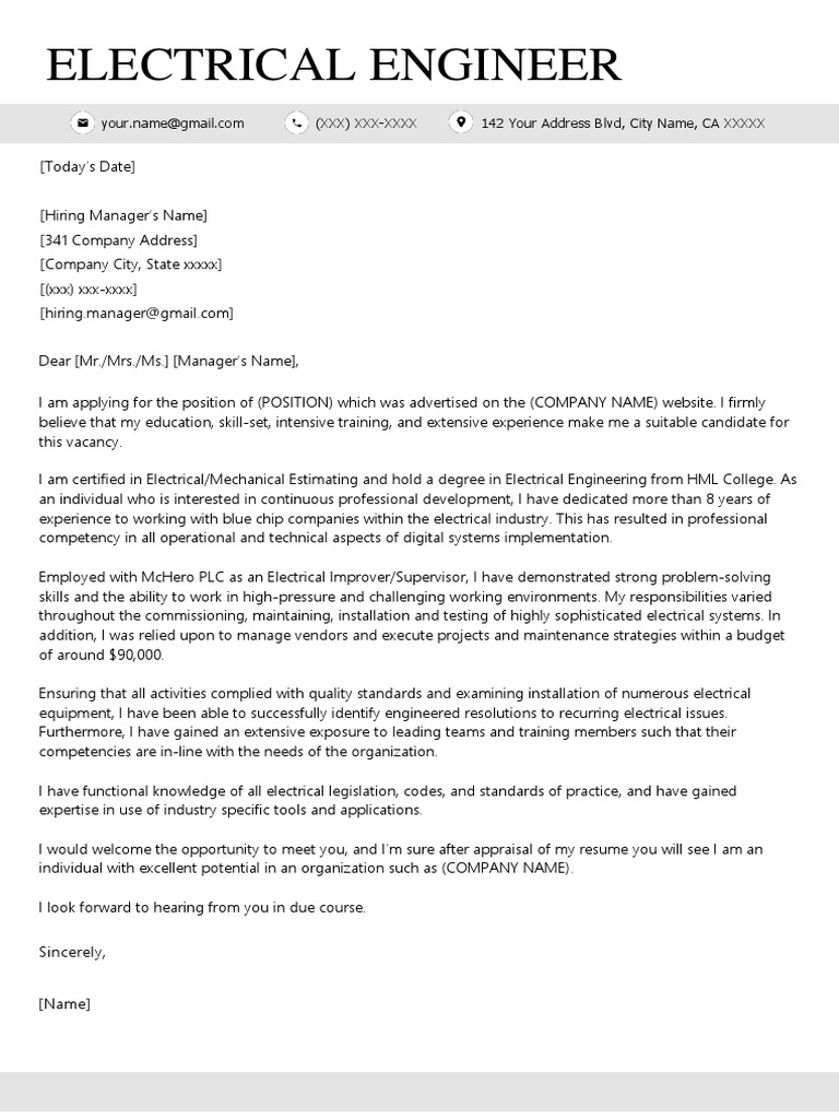Electrical Engineer Cover Letter Advanced - Original | Download Free ...