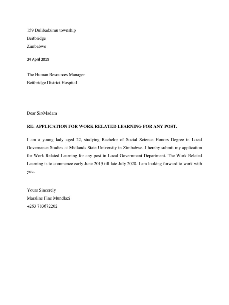 Application Letter For Work Related Learning | PDF