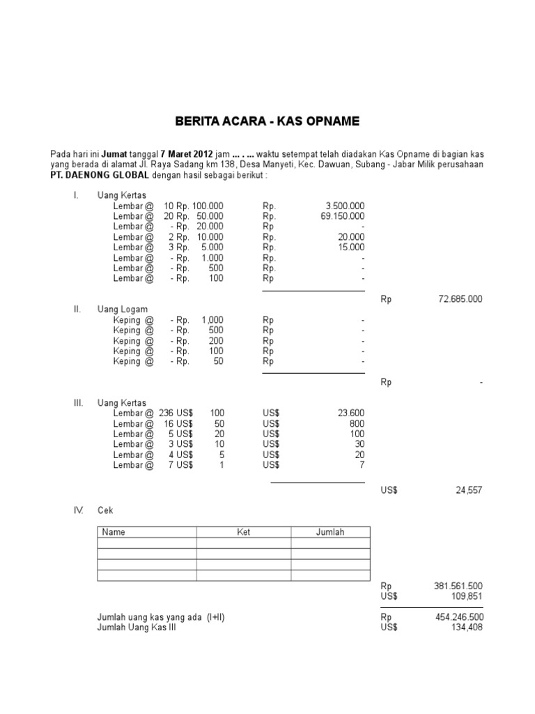 Berita Acara Kas Opname PT Moeladi | PDF