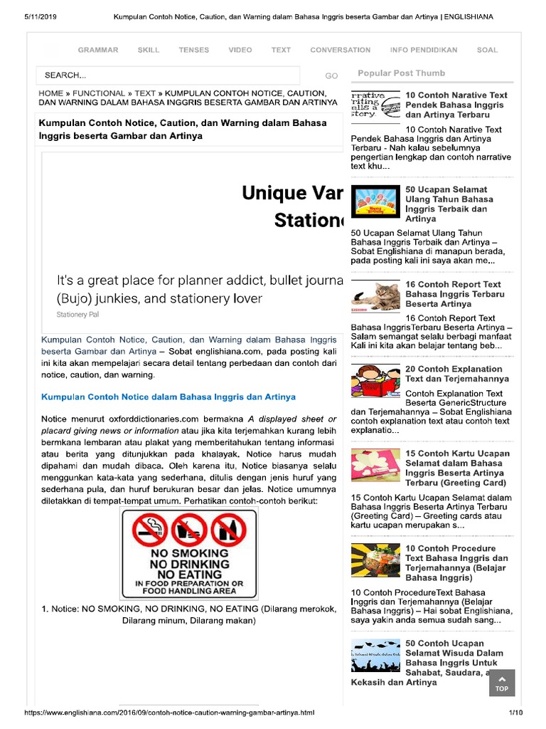 Kumpulan Contoh Notice, Caution, Dan Wa... Serta Gambar Dan Artinya - ENGLISHIANA | PDF