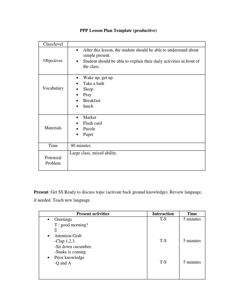 PPP Lesson Plan Template | PDF | Lesson Plan | Pedagogy