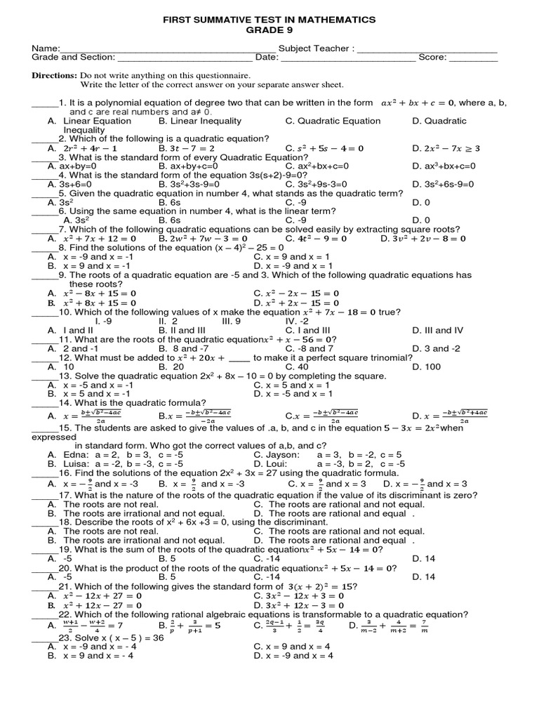 Summative Test on Quadratic Equations: Analyzing Students' Performance ...