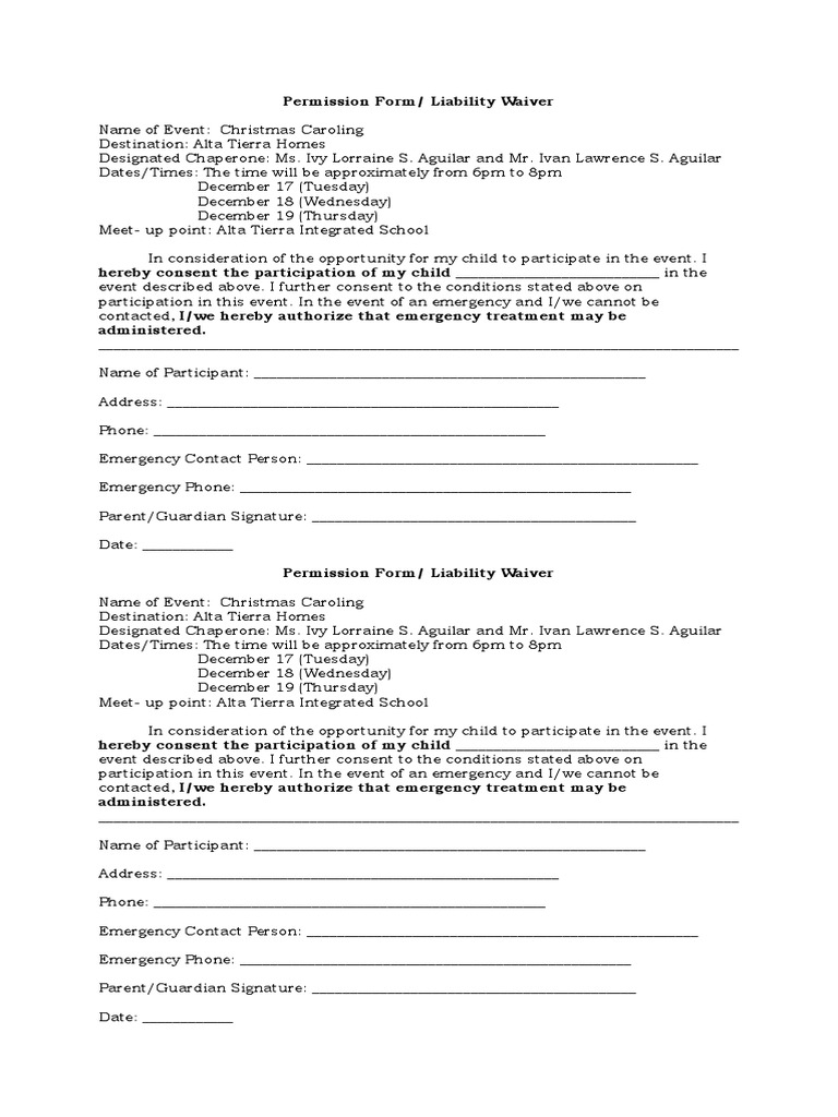 Christmas Party Permission Form | PDF | Family | Social Institutions