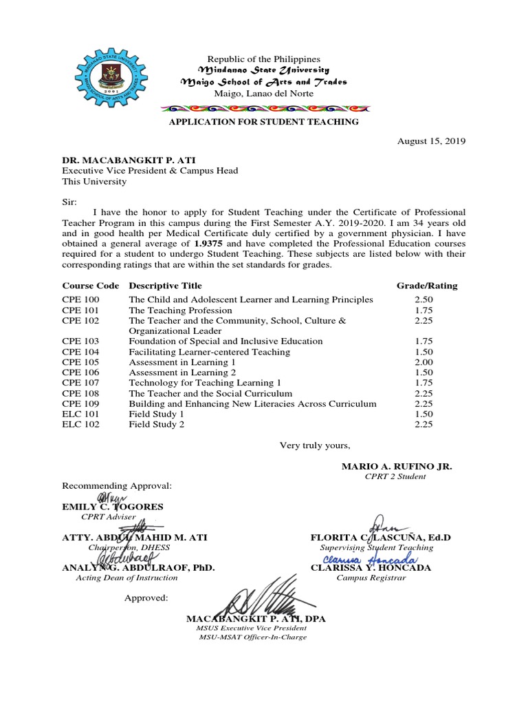 Student Teaching Application Form | PDF | Teachers | Curriculum