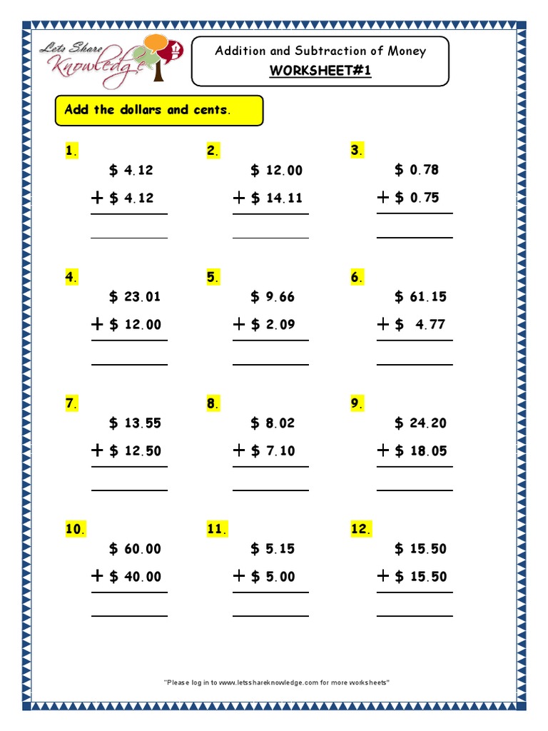 Grade 3 Maths Worksheets Addition and Subtraction of Money 1 1 | PDF