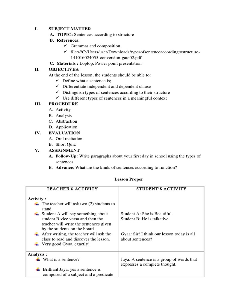 Lesson Plan | PDF | Sentence (Linguistics) | Linguistic Morphology