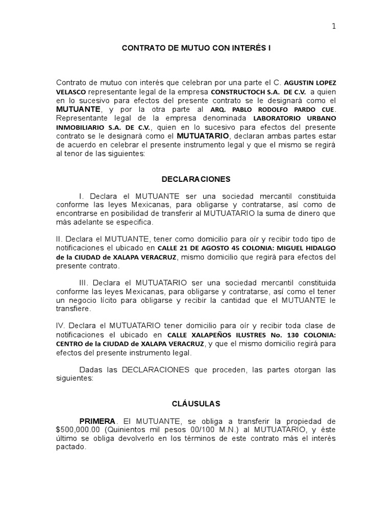 Contrato de Mutuo Con Interes I | PDF | Instituciones sociales ...