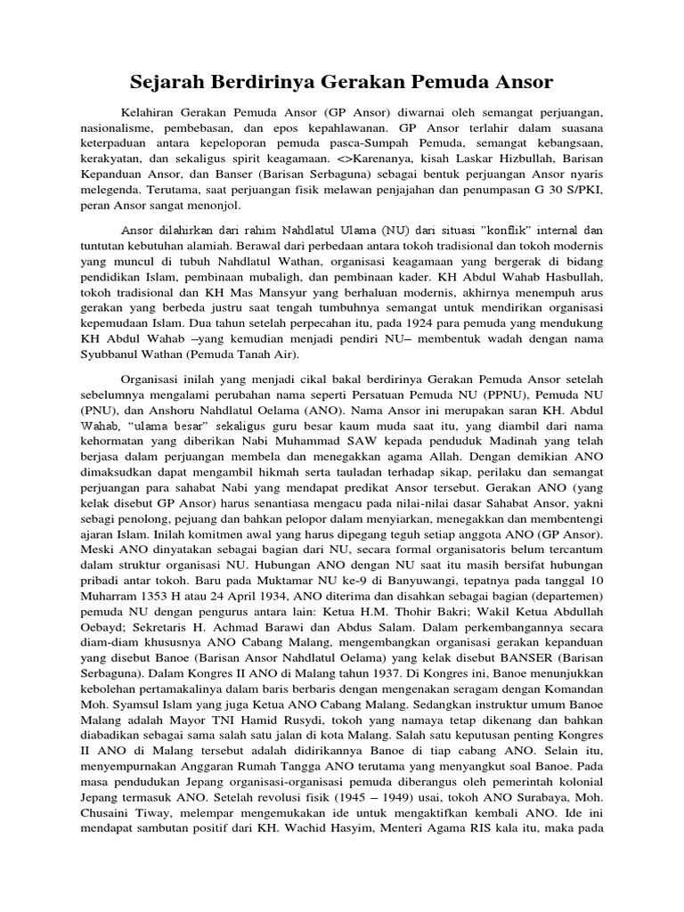 Sejarah Berdirinya Gerakan Pemuda Ansor | PDF