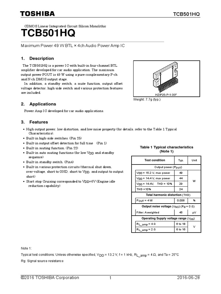 TCB501HQ Datasheet en 20160628 | PDF | Amplifier | Distortion